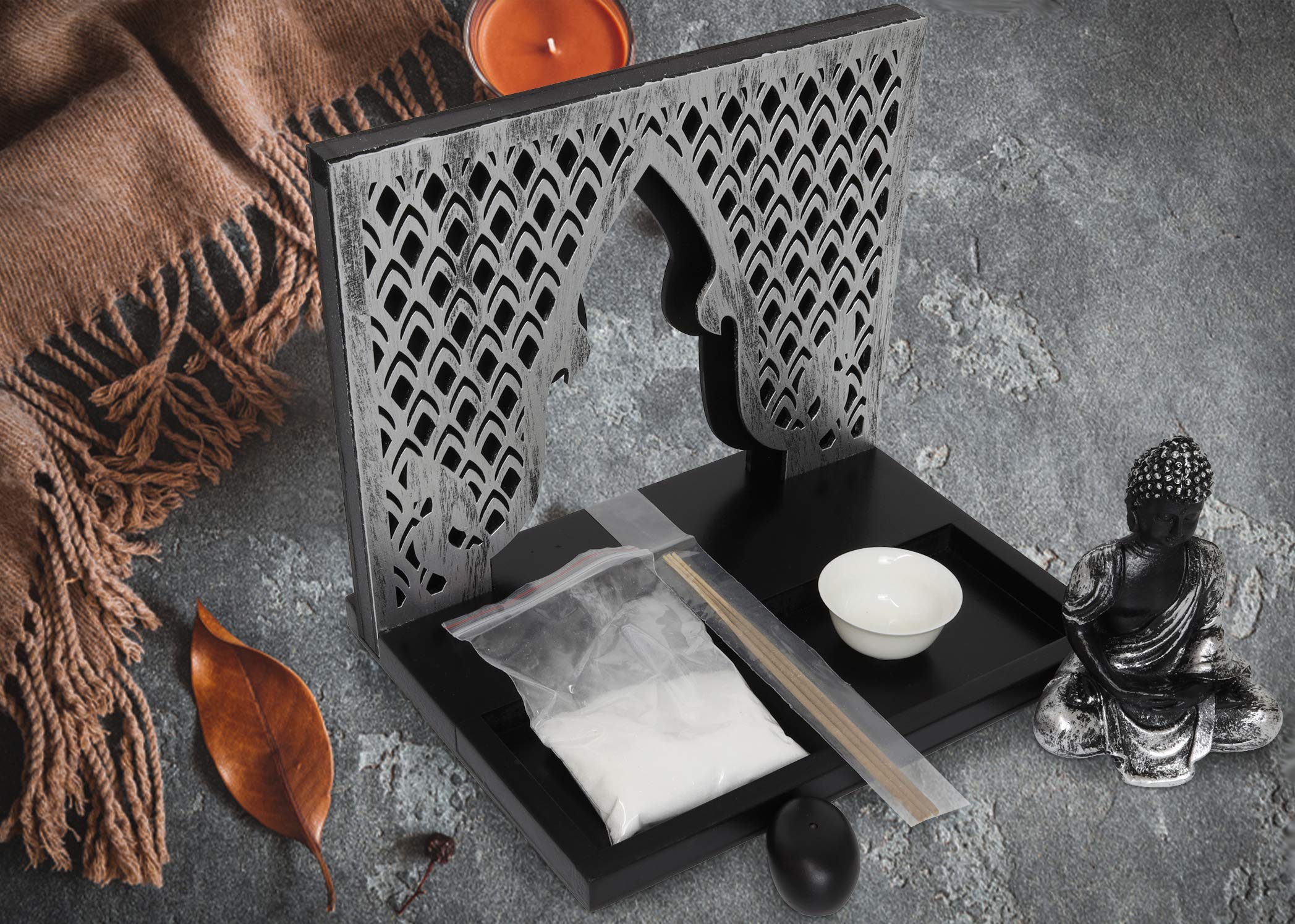 Basic Fundamentals Zen Garden Candle Holder Home Decor - Buddha Incense Stick Holder Office Desk Accessories - Zen Garden Sand Office Decor - Buddha Table Top - 8.75" x6.5”x 8.75”