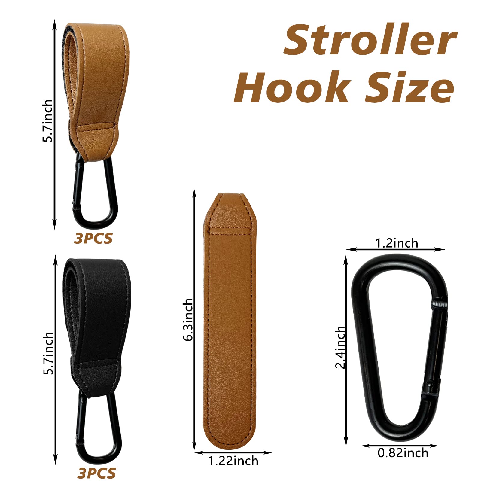 6 Pack Baby Stroller Hooks for Hanging Diaper Bags, Stroller Clips for Diaper Bags Brown Leather, Multipurpose Hooks for Grocery Shopping Bags, Pram Buggy Clips for Stroller Straps(Black and Brown)