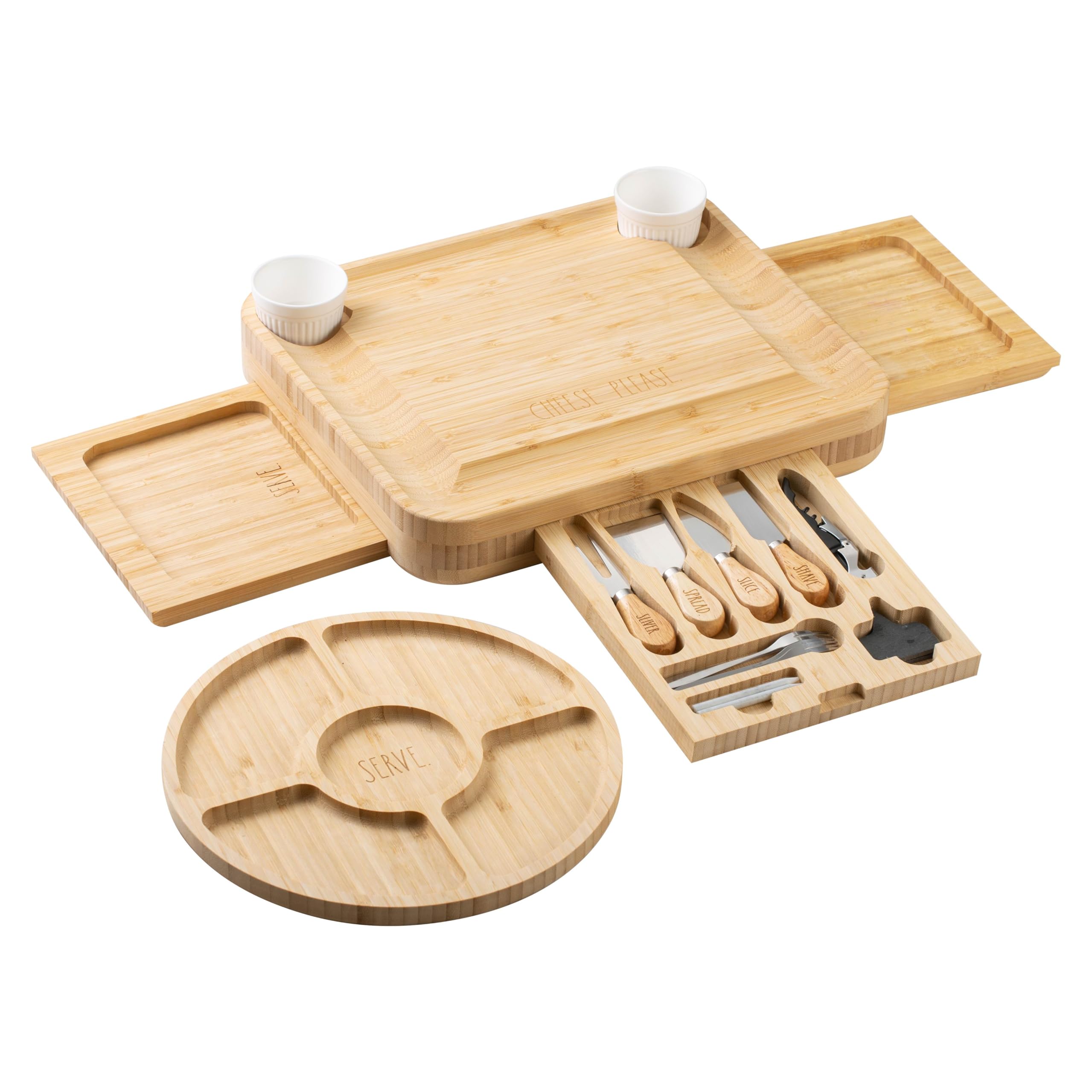 Rae Dunn Charcuterie Board & Accessories - Large Charcuterie Board Set, Bamboo Cheese Board Set with Serving Forks and Platters, Cheese Knives Included
