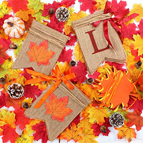 4 Pieces Thanksgiving Fall Decorations Burlap Thankful Banner Happy Fall Banner Pumpkins Maple Leaves Acorn Banner Felt Maple Leaves Garland Banner for Thanksgiving Decorations