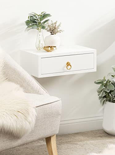 Kate and Laurel Decklyn Modern Glam Floating Side Table with Concealed Drawer for Additional Storage and Home Decor, 18x12x6, White/Gold