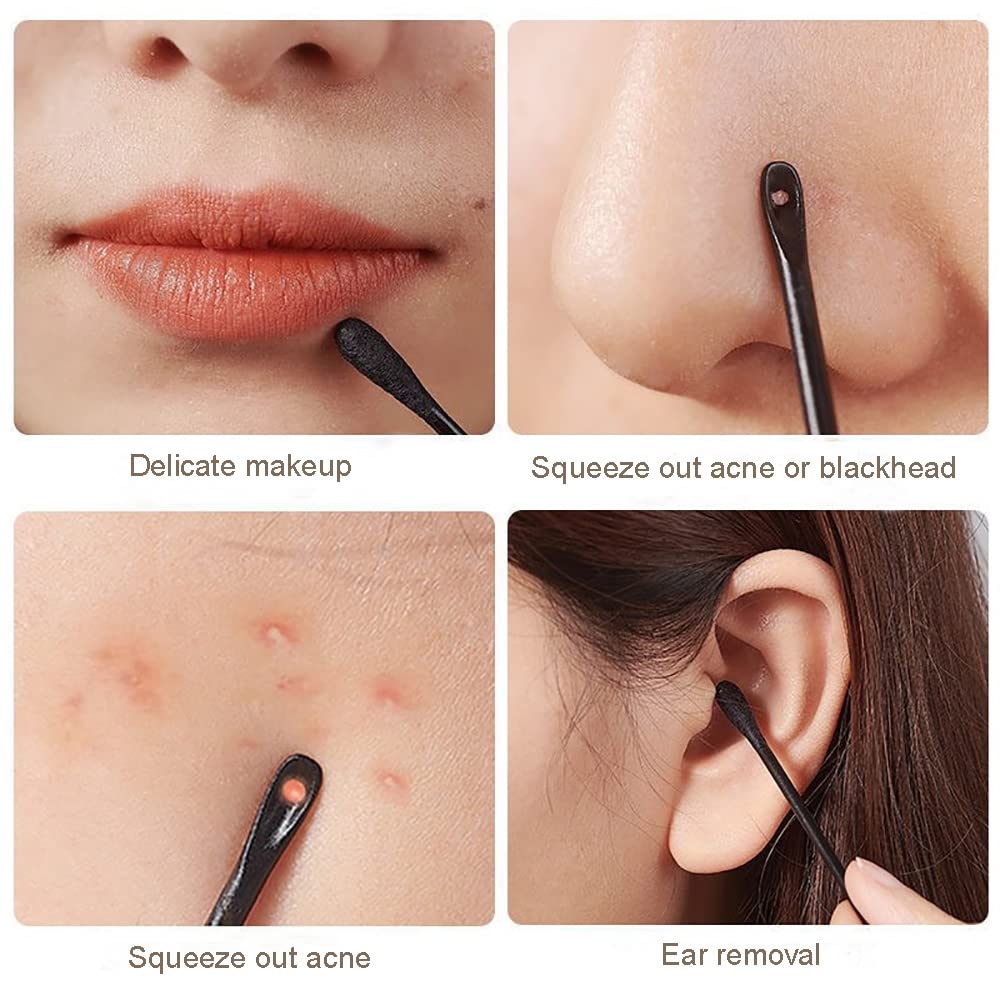 ALIOBC Disposable Cotton Swabs Stick,160 Pcs Multi Use Black Double-Headed Acne Squeezing Professional Ear Pick for Blackhead or Whitehead Nasal Gunk Removerand Clean Skin Pores