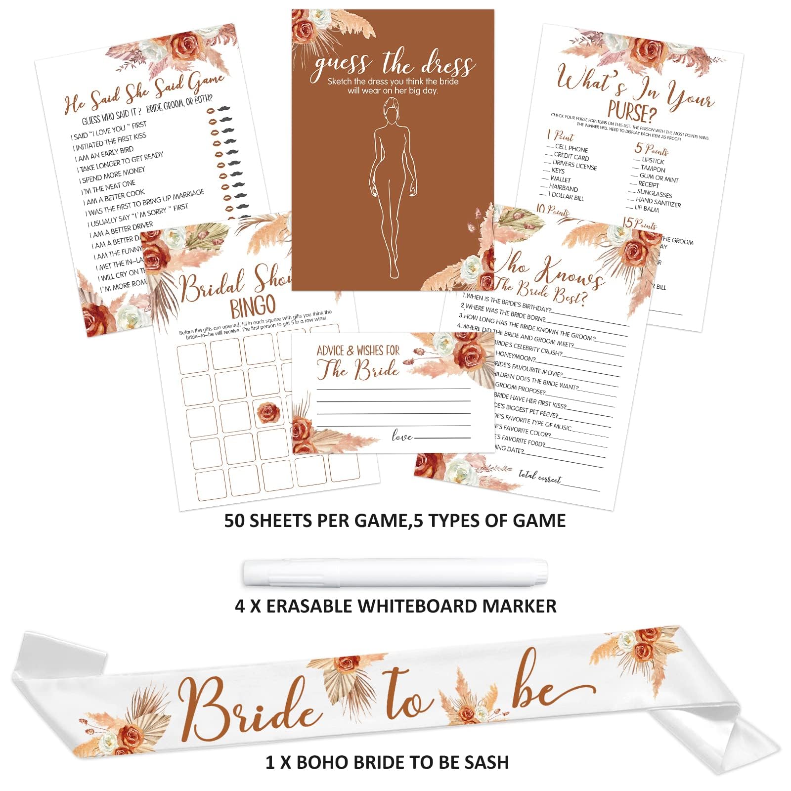 Levfla Boho Bridal Shower Games - Set of 6 (50 pcs Per Game), with Tropical Bohemian Bride to Be Sash + 4 PCS Marker Pens, Suitable for Pampas Bridal Shower, Terracotta Bachelorette Party