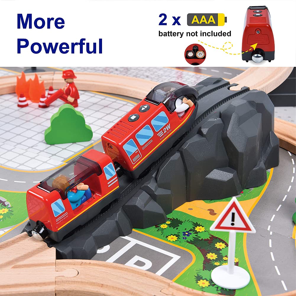 Battery Operated Train Set for Wooden Train Track (w/Sound & Magnetic Connection), Powerful Engine Red Action Locomotive Train Set Compatible with Thomas, Brio, Chuggington - Train Toys for Toddlers