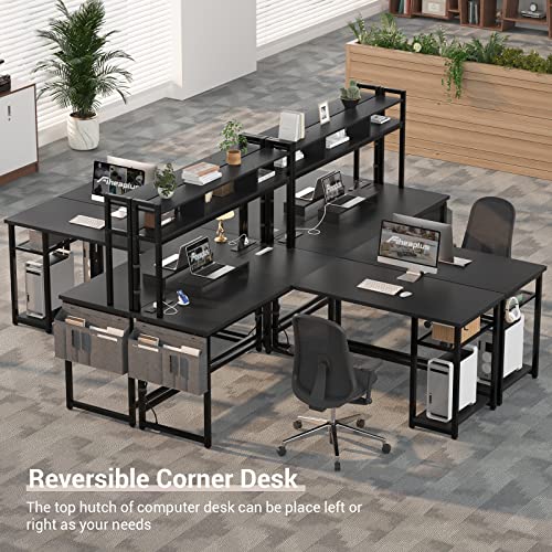 Aheaplus L Shaped Desk with Power Outlet & LED Strip, Reversible Corner Computer / Gaming Desk with Storage Shelf & Monitor Stand, Modern 2 Person For Home Office, Writing , Black