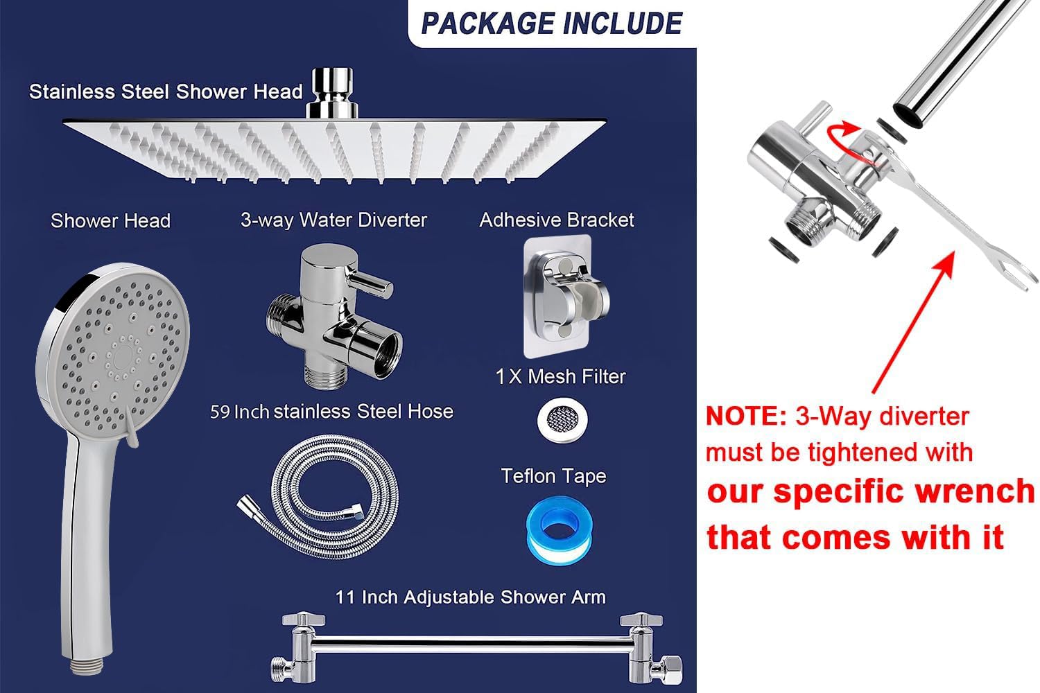Shower Head Combo with 11'' Extension Arm,High Pressure 8" Rain Shower Head with Handheld Shower Spray and Holder/ 1.5M Hose,Dual Rainfall Showerhead Set,Chrome