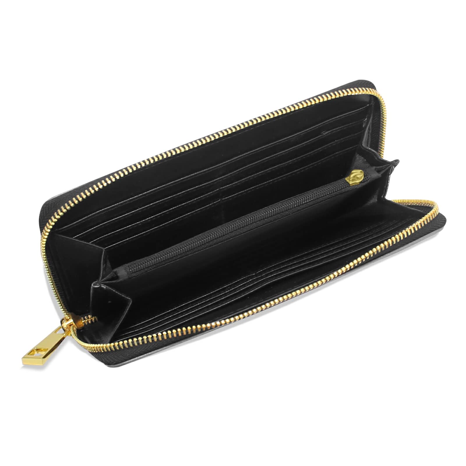 Seamless White Polka Dots on Black Dark Leather Long Wallet Organizer with Zipper Purse Clutch Bag for Women Men