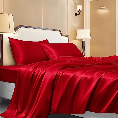 AL AHMEDANI LINEN Red Satin Sheets Queen - Luxurious 4-Piece Red Silk Bed Sheets - Silky Smooth, Deep-Pocket 1 Fitted Sheet, 1 Flat Sheet, 2 Pillowcases