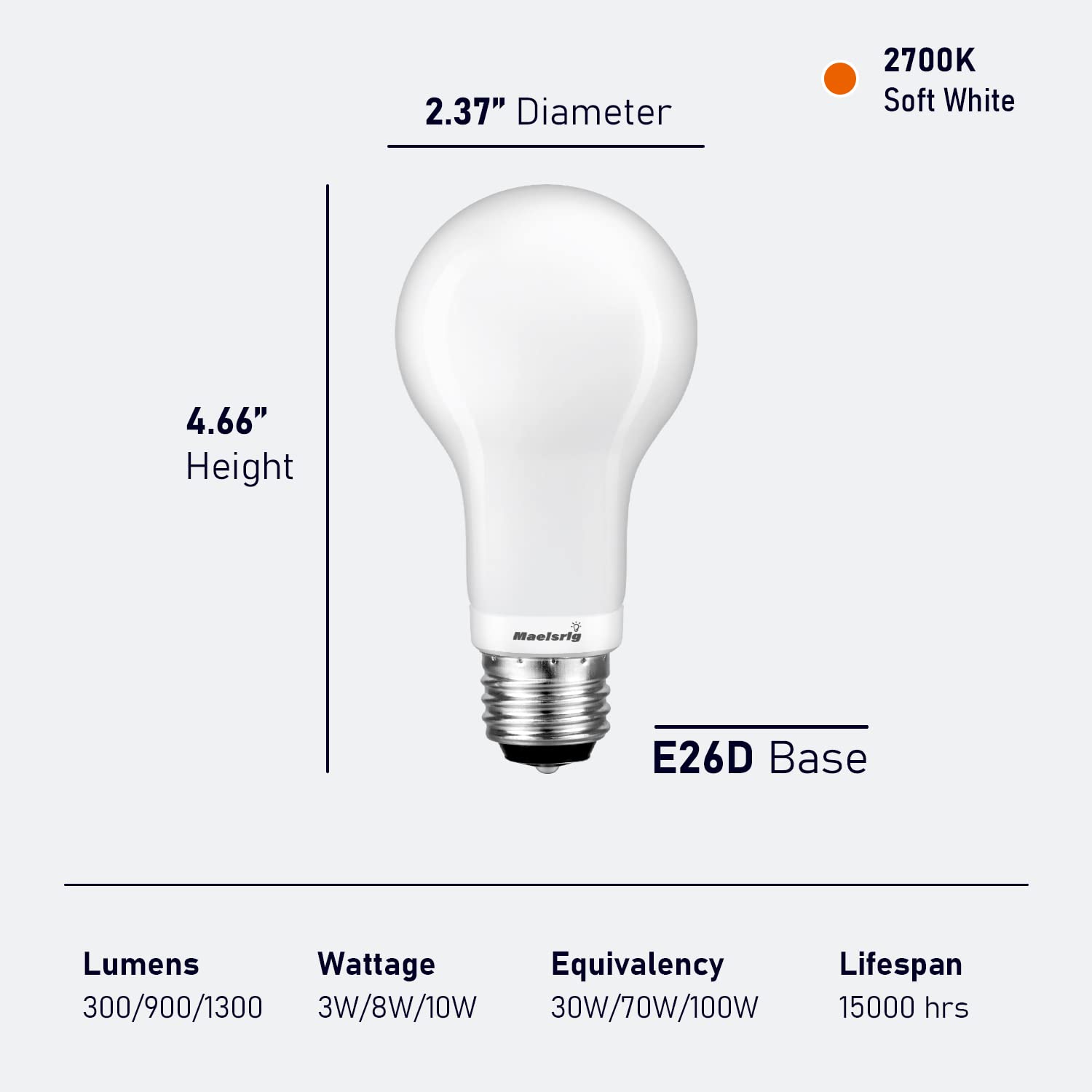 Maelsrlg 3-Way Light Bulbs, 30 70 100 Watt Equivalent, Soft White 2700K, A19 Three Way LED Bulbs, 3W/8W/10W, E26 Medium Base, Pack of 4