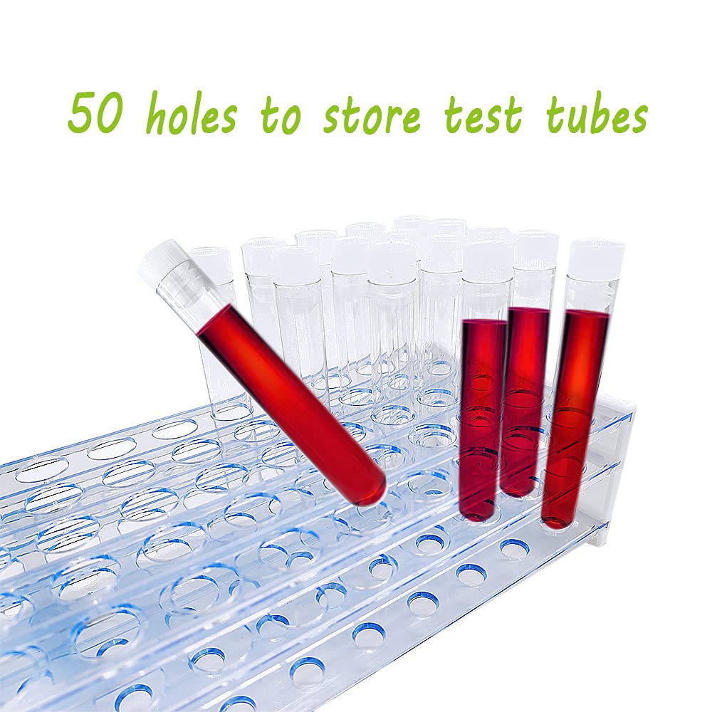 50Pcs Clear Plastic Test Tubes with Rack,16 x 100mm Tube with Caps and 50 Holes Tubes Rack,Test Tube Set for Scientific Experiments,Candy,Beads,Liquid Storage,Party Decor
