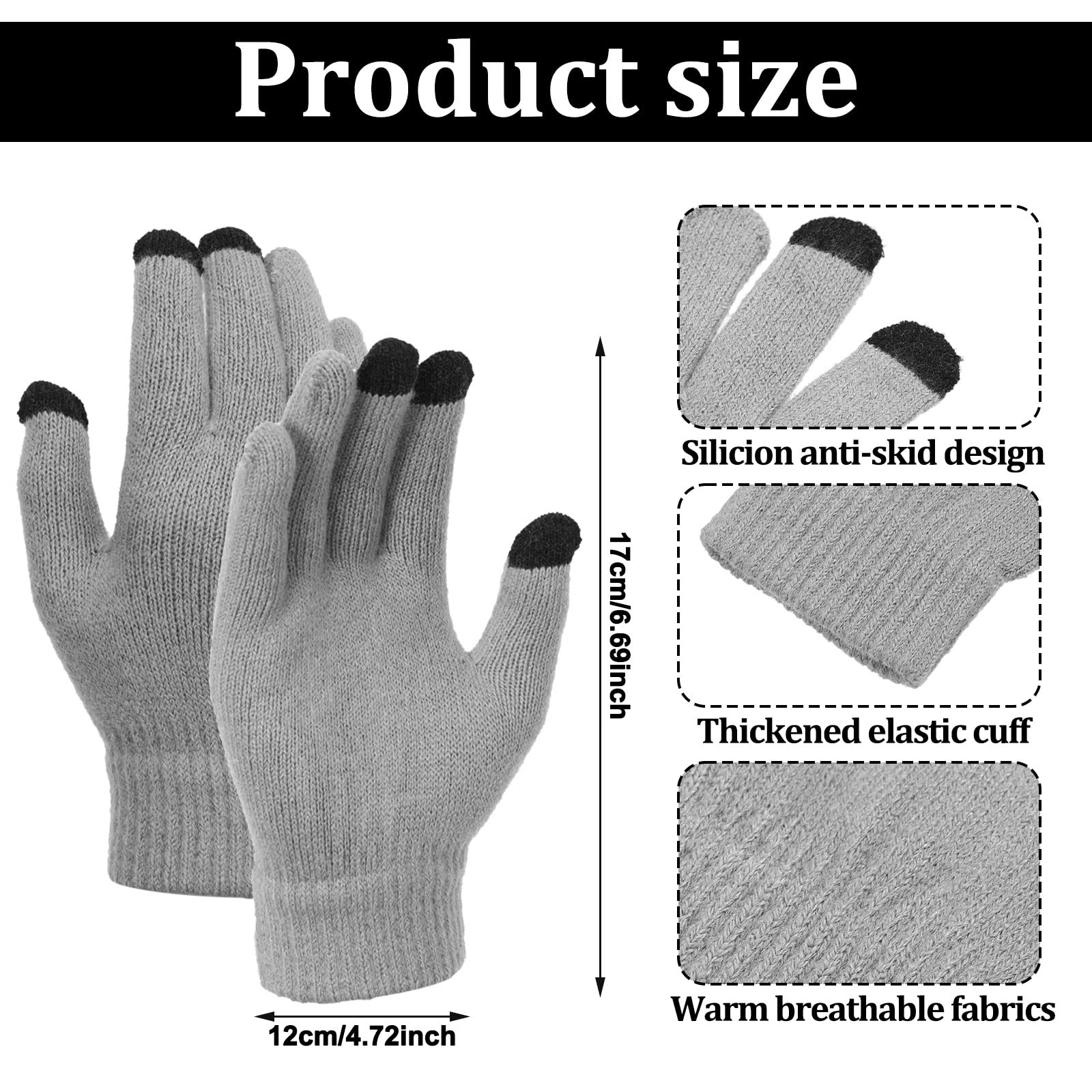 4 Pieces Winter Satin Lined Beanie Hat Knit Plain Satin Hat Touchscreen Gloves Set for Women Men (Black, Light Gray, Classic Style)