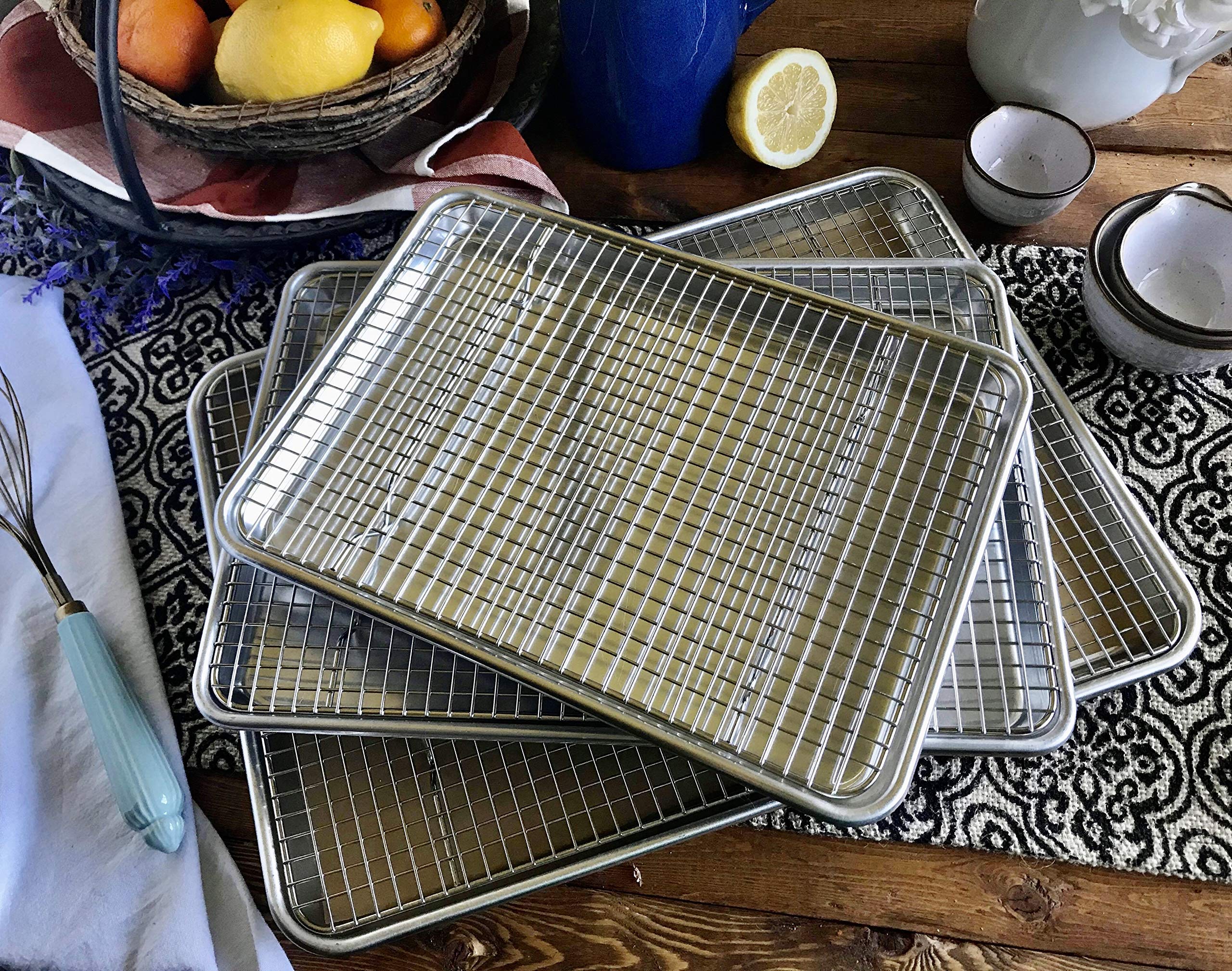 3 Pack Stainless Steel Wire Cooling, Baking, Roasting Rack with Aluminum Cookie Pan Tray Set- Heavy Duty, Commercial Quality - (1 Half Sheet, 1 Jelly Roll & 1 Quarter Sheet Pan Rack Sets)
