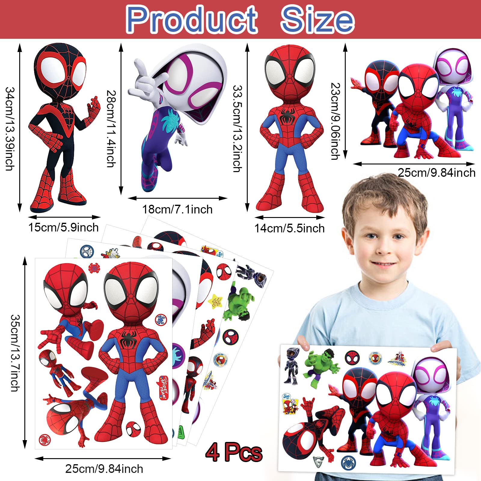 4 Sheets Superhero Peel and Stick Wall Decals Waterproof Durable Wall Stickers Ideal for Boys Bedroom Bathroom Nursery Playroom Wall Decor