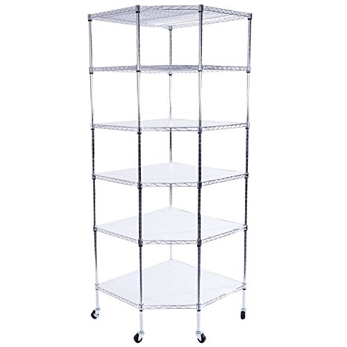 KCHEX 6-Tier NSF Corner Shelving/w Wheels, 28" D x 28" W x 72" H Heavy Duty Wire Steel Shelf Garage Storage Shelving Rack Chrome