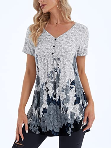 BAISHENGGT Women's V Neck Short Sleeve Buttons Pleated Flared Tunic Tops Grey - Peony XXL