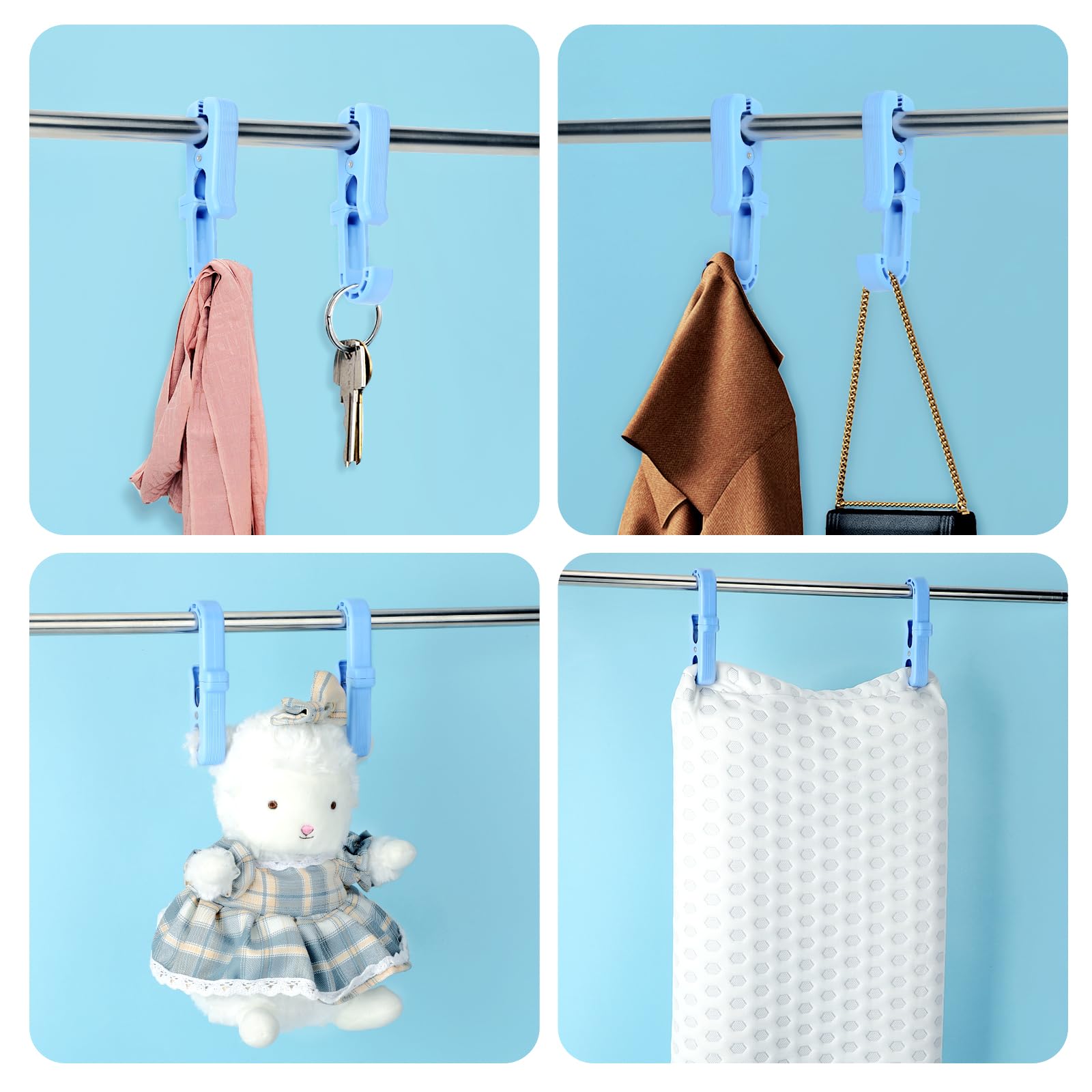 8PCS Plastic Clips for Hanging,Heavy Duty Hanger Clips with Bag,Large Swivel Clothes Pins with Hooks for Bathroom Wardrobe,Strong Laundry Hooks with Clips for Socks Boot Bras Towels(Blue)