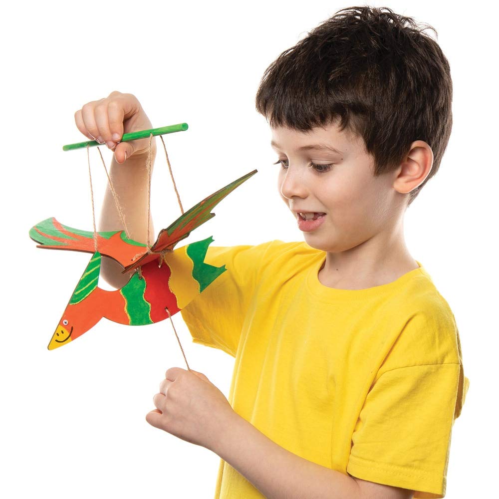 Baker Ross AT670 Dinosaur Wooden Flying Puppet Kits - Pack of 3, Woodcraft for Kids Arts and Crafts Projects