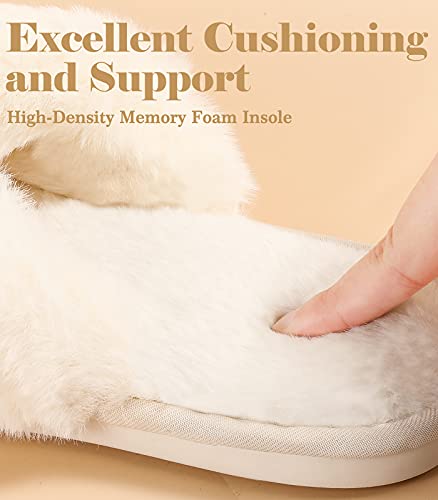 Ankis Women White Fuzzy Fluffy Slippers Soft Cozy Plush Memory Foam Open Toe Slippers for Bedroom, Comfy Cross Band Slippers for Womens House Indoor Size 5 6