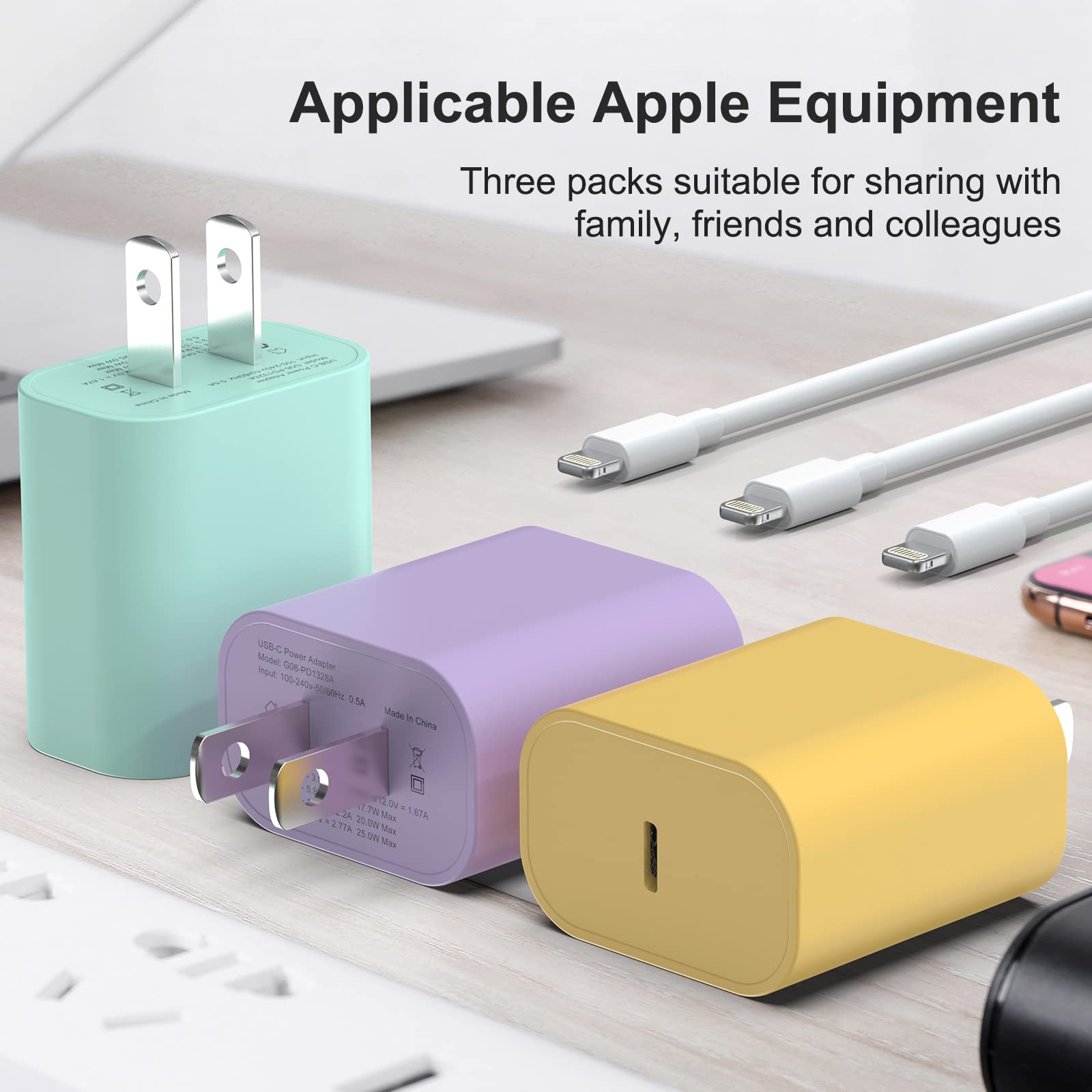 3 Pack USB C Charger, 20W PD USB C Wall Fast Charger Adapter with 3 Pack [MFi Certified] 6FT Type C to Lightning Cable Compatible with iPhone 14 13 12 11 Pro Max XR XS X,iPad(Yellow+Purple+Green)