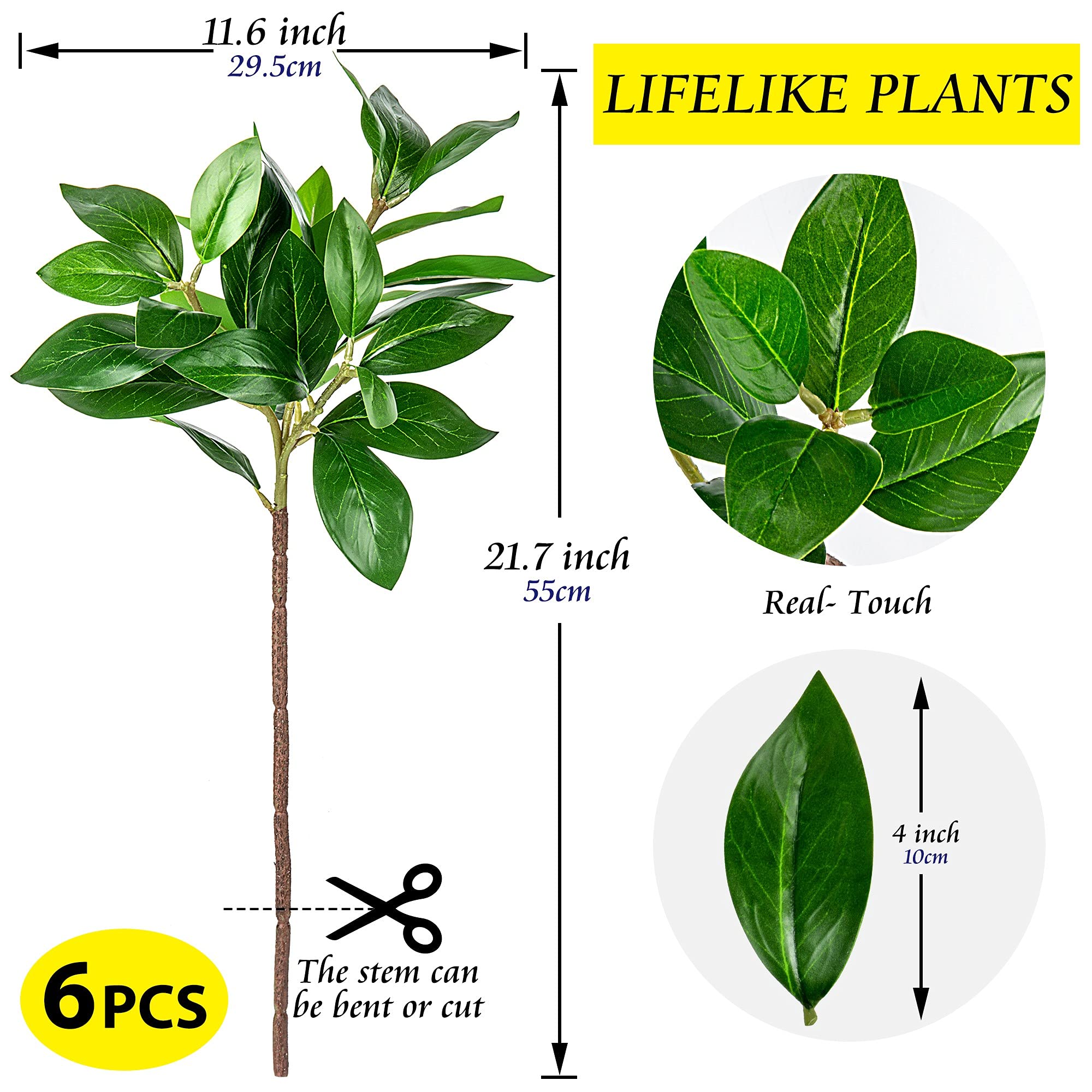 Grand Verde Greenery Branches 21” Tree Stems Artificial Plants Green Leaves Faux Bush, 6pcs Set