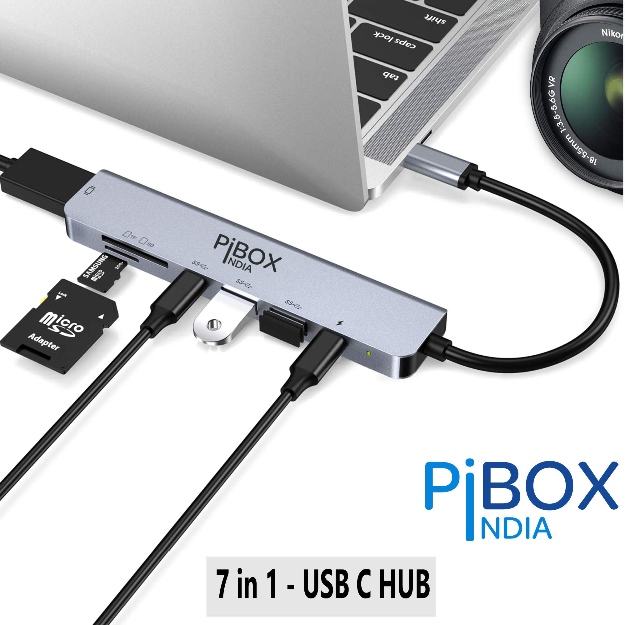 pibox India - USB C Hub Dock- 7 in 1 with HDCP 2.2, Aluminum Type C Adapter with 4K HDMI Port, USB 3.0 Port, USB-C Power Delivery, TF/SD Card Reader, MacBook Air, Pro/Dell (Grey)