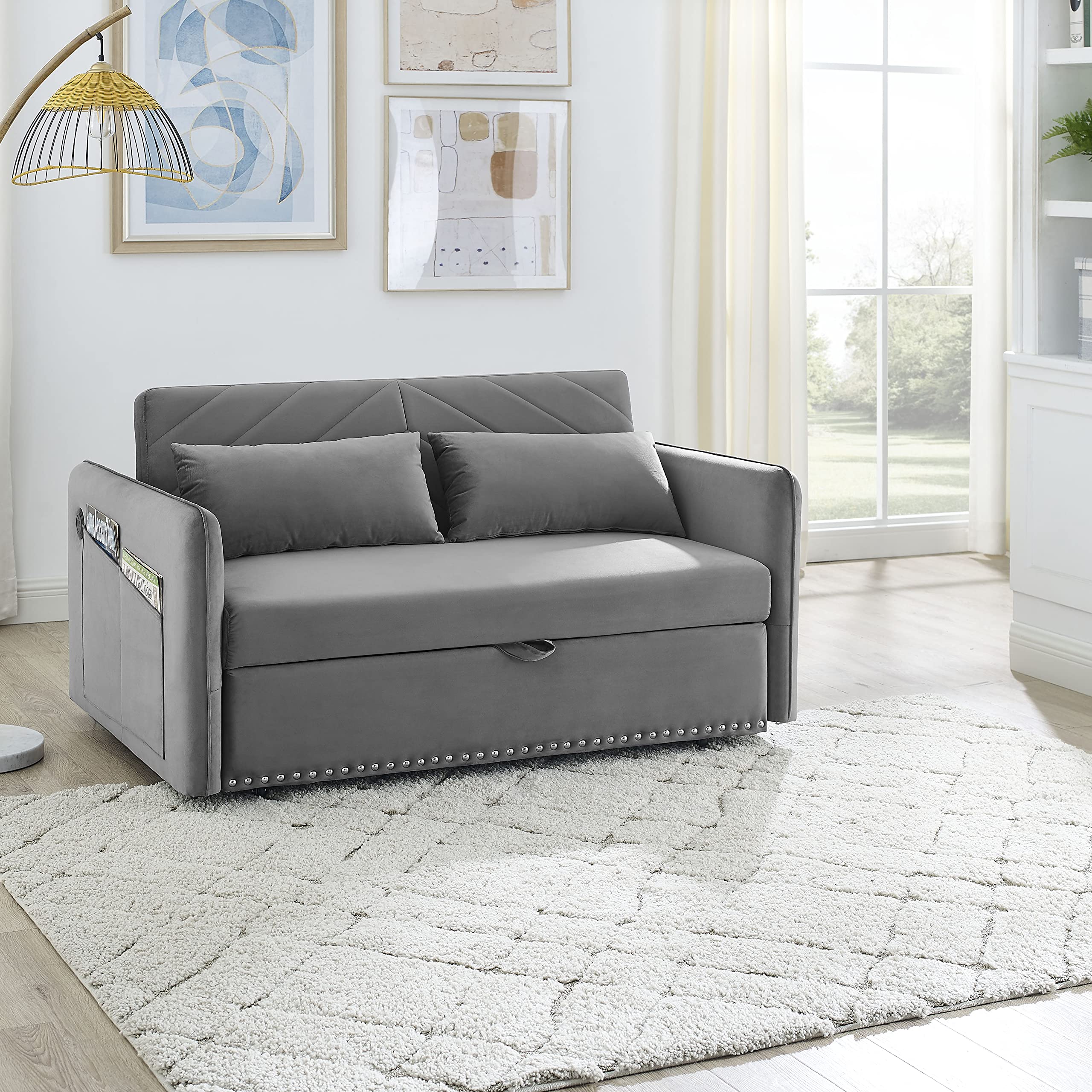 ERYE Functional 3 in 1 Sleeper Sofa Grid Backrest and USB Charging Ports,Modern Velvet Upholstered Convertible Loveseat Sofabed W/Pull Out Sleep Couch Bed & Nailhead Decor for Living Room, 55", Gray1