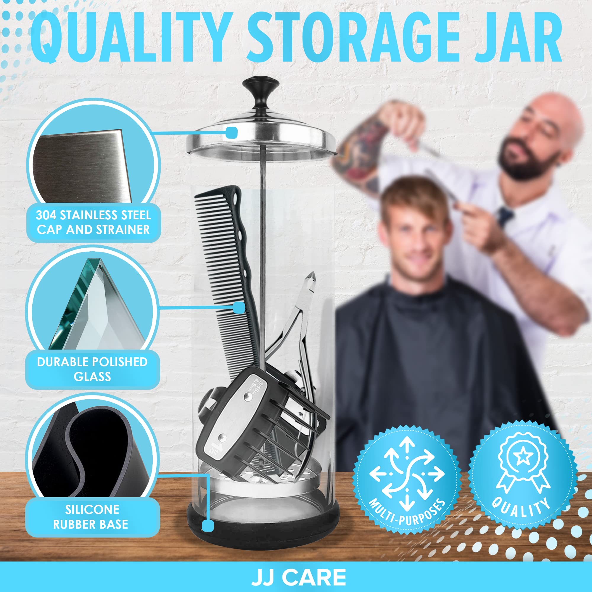 JJ CARE Disinfectant Jar (35 oz) - Barber Jar Glass, Sanitizer Disinfectant Glass Jar, Barber Disinfectant Jar Implement Disinfectant Container w/Stainless Steel Removable Strainer & Cap - Black Lid