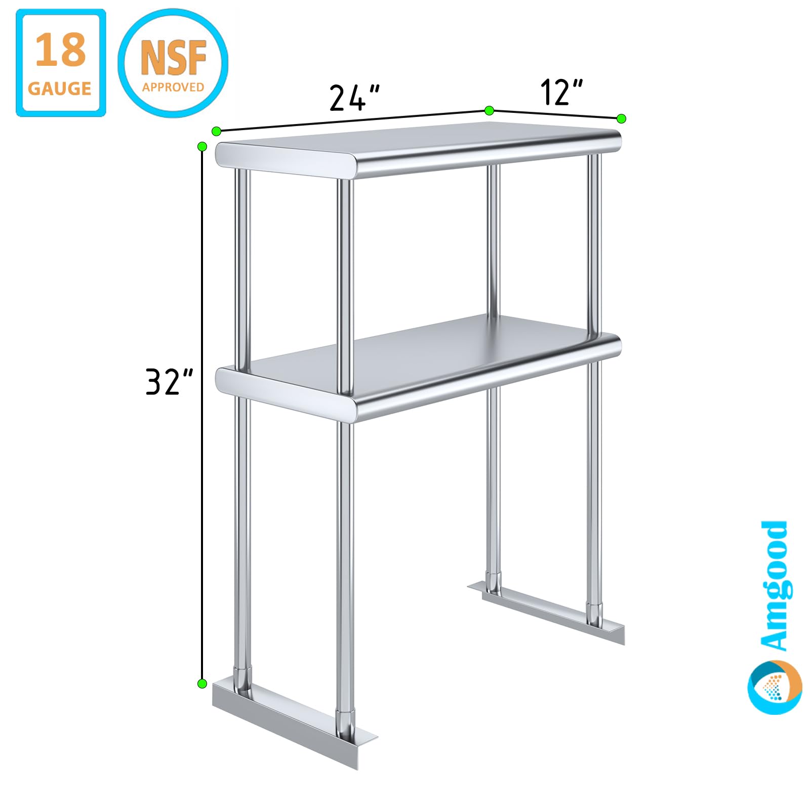 AmGood Double OverShelf Stainless Steel NSF - Many (24" Long x 12" Deep)