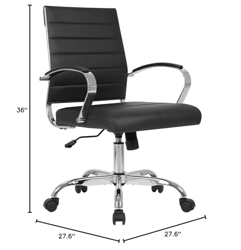LANDSUN Home Office Chair Mid Back Desk Chair PU Leather Ribbed Executive Swivel Computer Chair with Wheels and Armrests Soft Padded Adjustable Height Conference Task Black