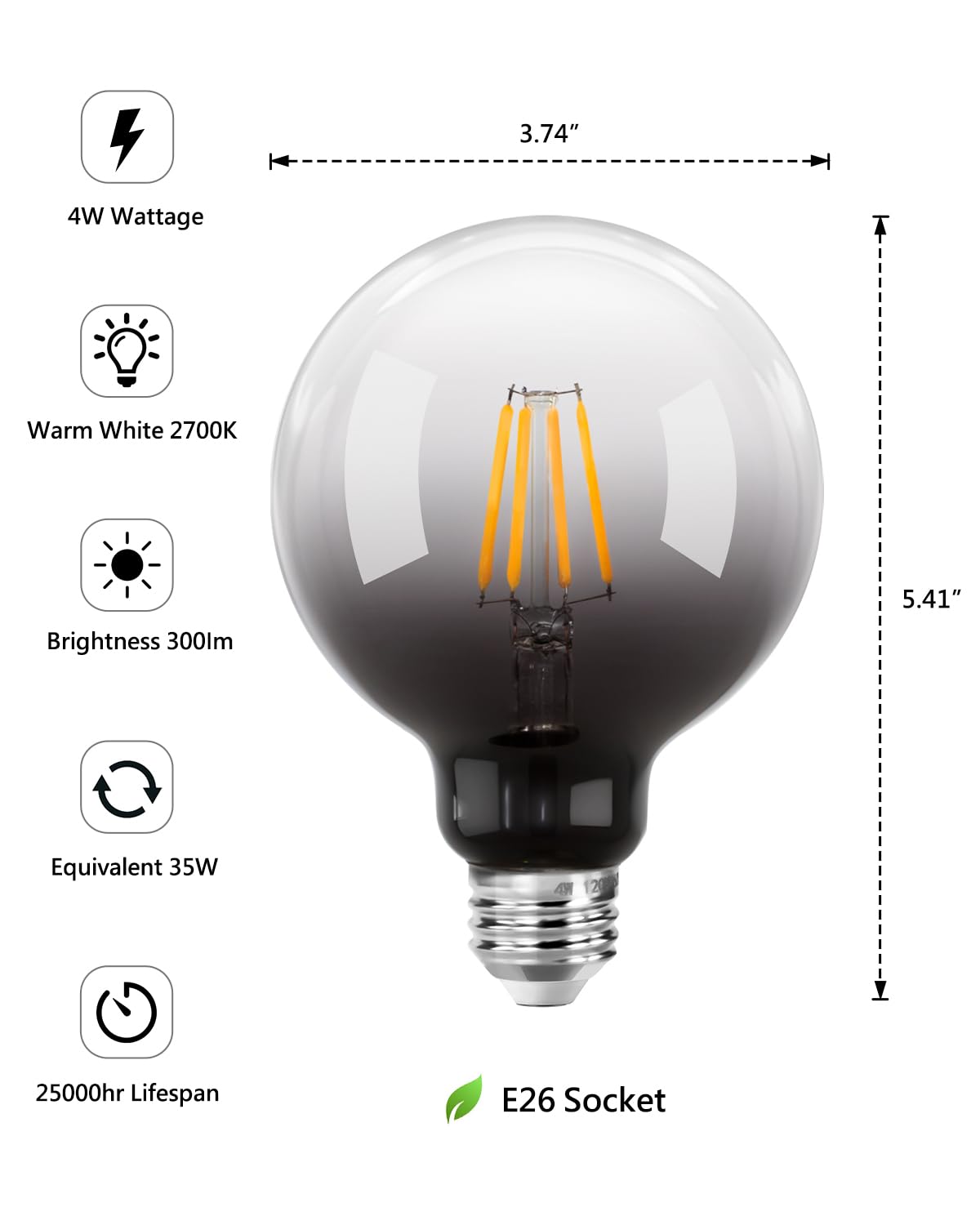 ONEWISH LED Light Bulb, G95 LED Globe Bulbs, Warm White 300LM 2700K 4W, 35W Equivalent, E26 Standard Base,LED Edison Light Bulb for Home Decor,1 Pack