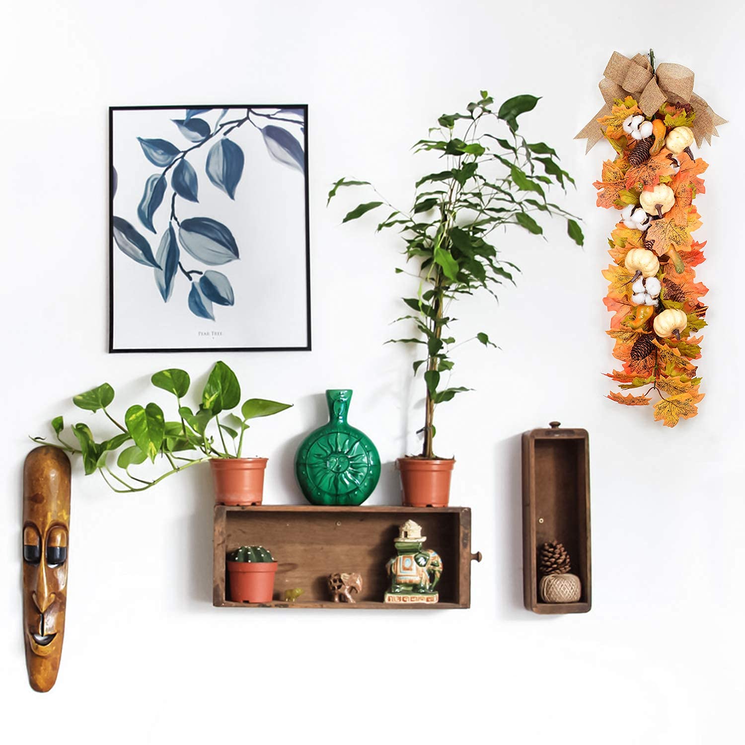27Inch Artificial Fall Maple Swag, Decorative Swag with Autumn Leave,Pumpkin, Pine Cone,Cotton Ball Garland for Autumn Wedding Door Fireplace Thanksgiving Dinner Party