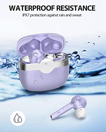 Bluetooth 5.3 Wireless Earbuds, Deep Bass Sound Clear Call, Noise Cancelling with 4 Microphones, 30H Playtime, IPX7 Waterproof Protection, Comfortable Wearing, Compatible with iPhone Android, Purple