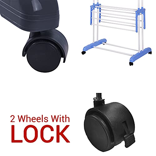 Aquaterior Folding 3 Tier Clothes Drying Rack Rolling Collapsible Garment Laundry Dryer Hanger Stand Rail with Two Side Wings Indoor Blue