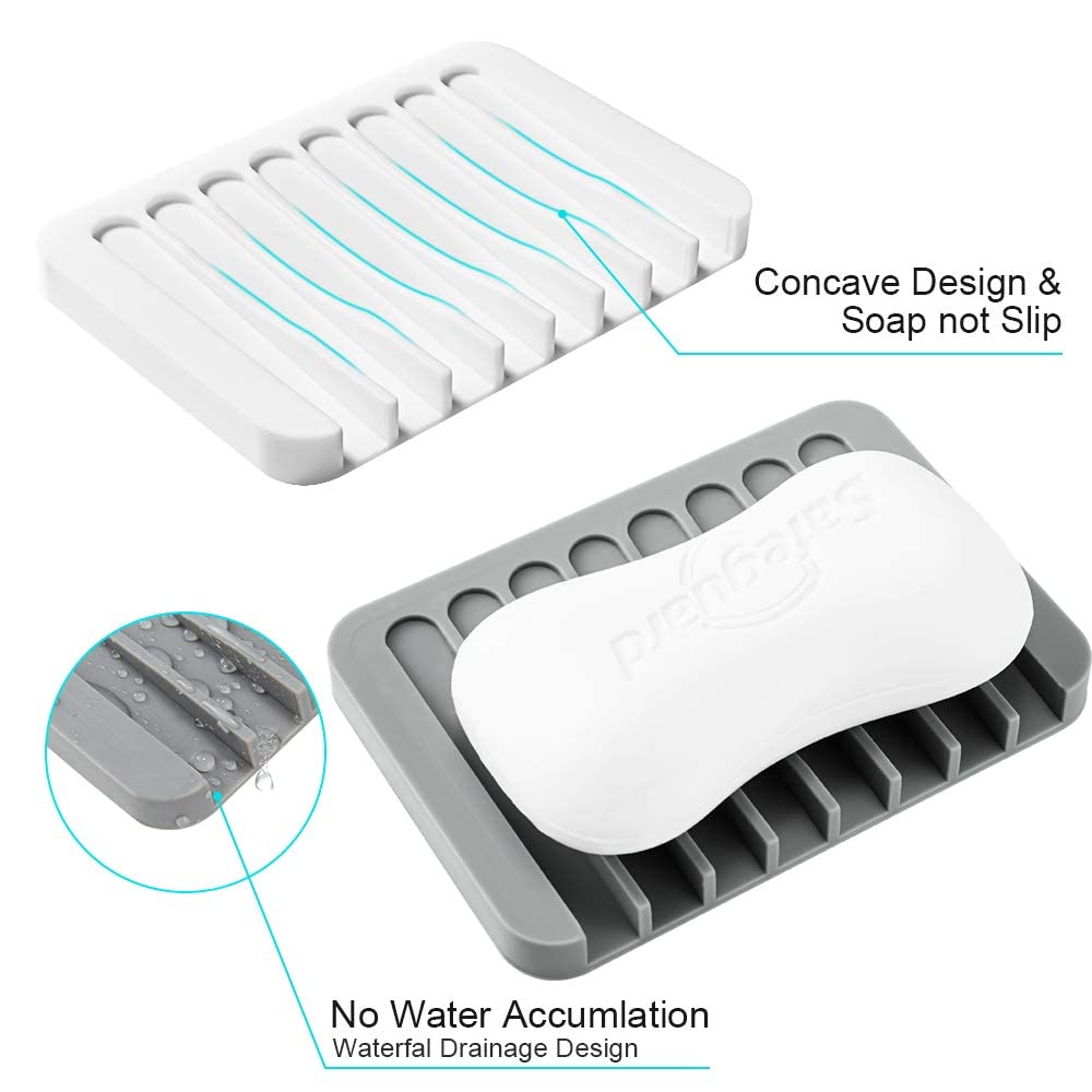 2PCS Soap Dish Holder, Premium Silicone Soap Dishes for Shower Bathroom Kitchen Sinks, Soap Tray Saver Drainer, Self-draining Waterfall, Non-Slip Design, Easy Cleaning (White, Gray)