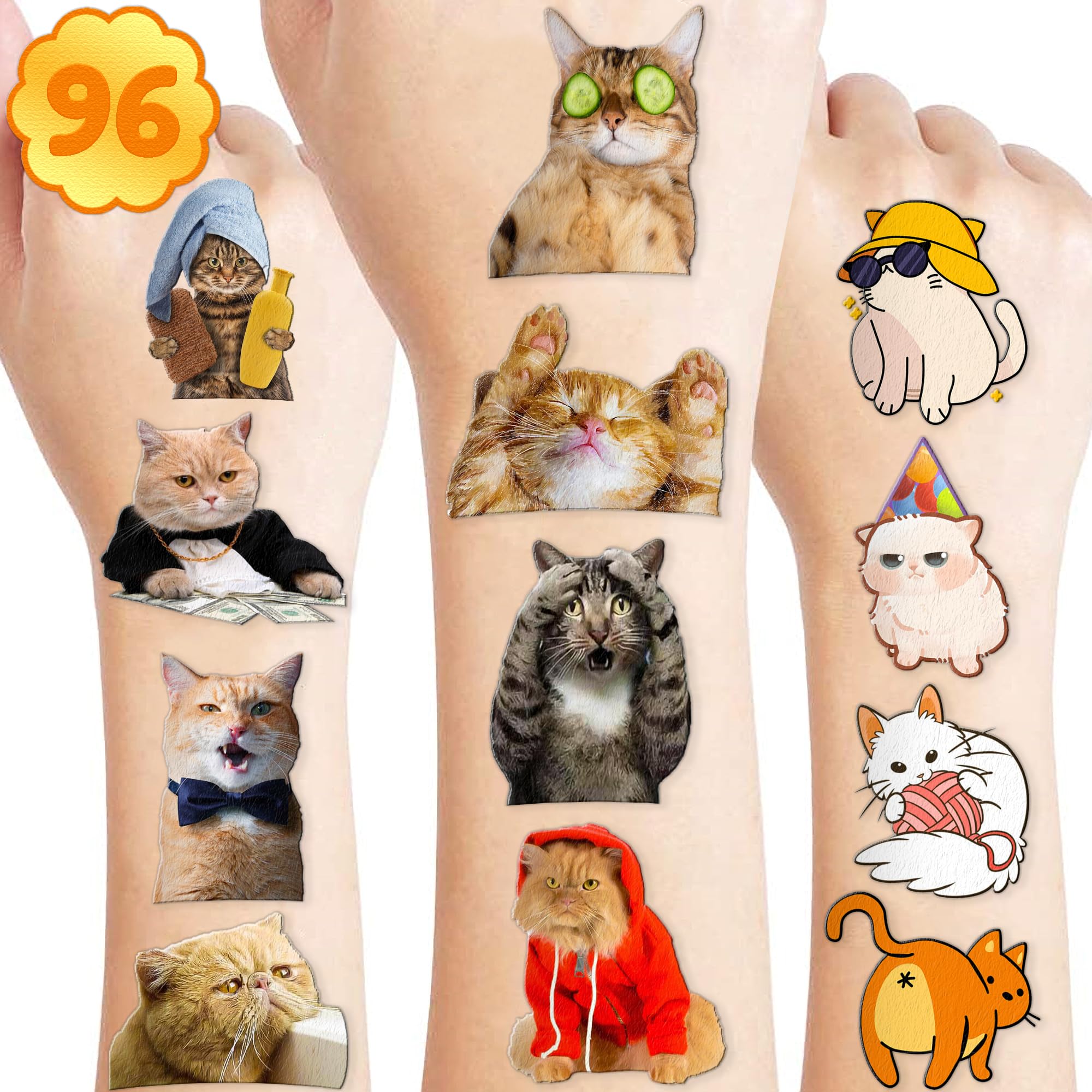 96 PCS Cute Funny Meme Cat Cats Temporary Tattoos Stickers Themed Birthday Party Decorations Supplies Decor Favors Animal Pet Puppy Tattoo Sticker Gifts For Kids Boys Girls School Prizes Christmas