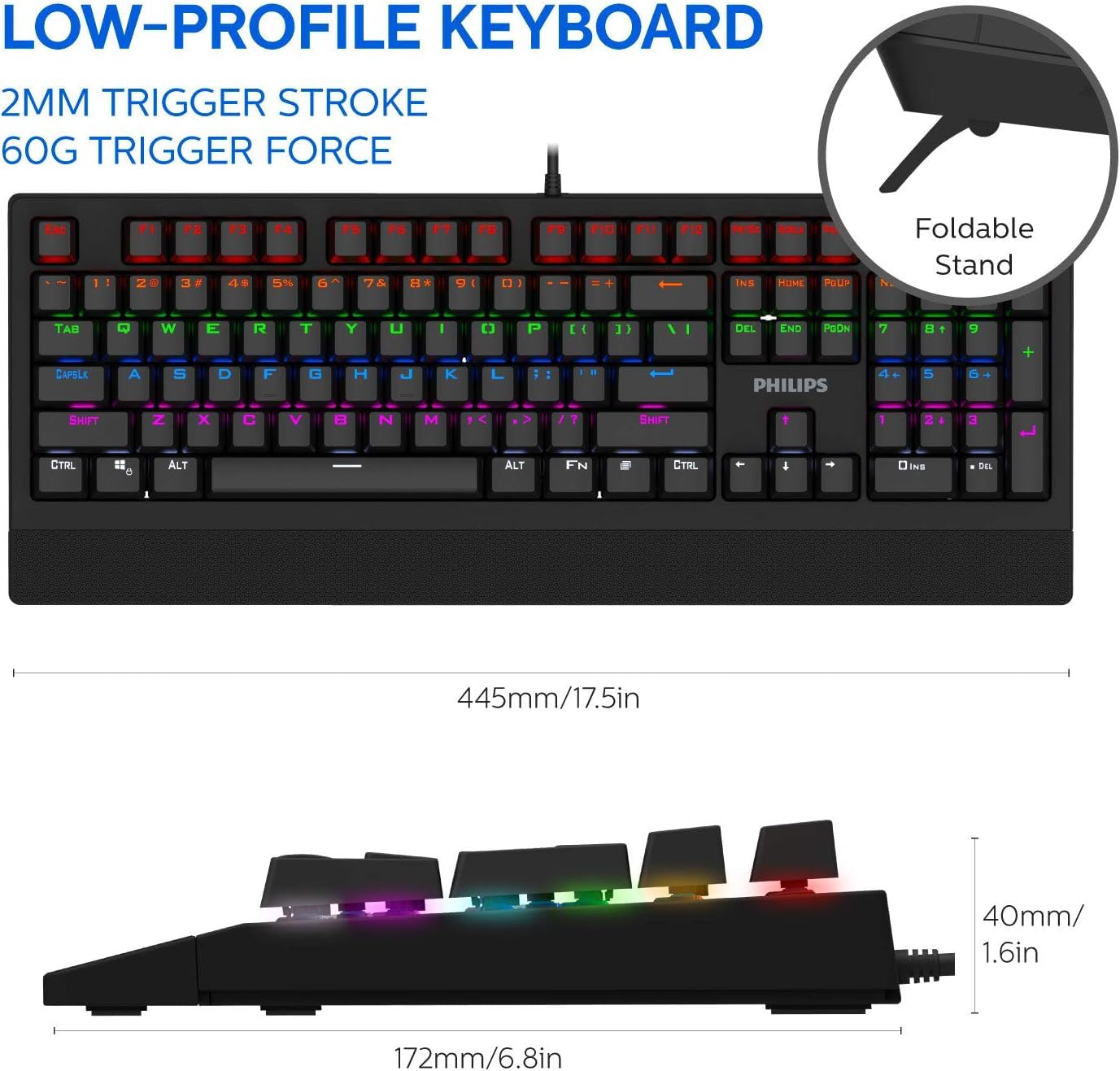 Philips Corded Mechanical Gaming Keyboard | RGB Ambiglow FX & Key Light Maps | Anti-Ghosting, N-Key Rollover | Clicky, Light-Touch Blue Switches (SPK8403)