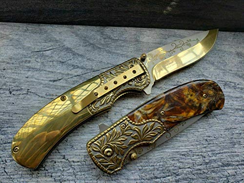8.25" Gold Floral Rose Etch Spring Assisted Folding Tactical Pocket Stainless Steel Blade Knife