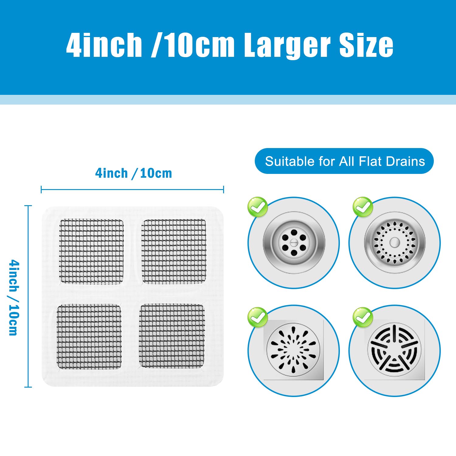 50PCS Pack,4"" X 4"" Disposable Shower Drain Cover Hair Catcher Shower Drain Mesh Stickers, Bathroom, Laundry, Bathtub, Kitchen, Sink, for Human and pet Hair, White