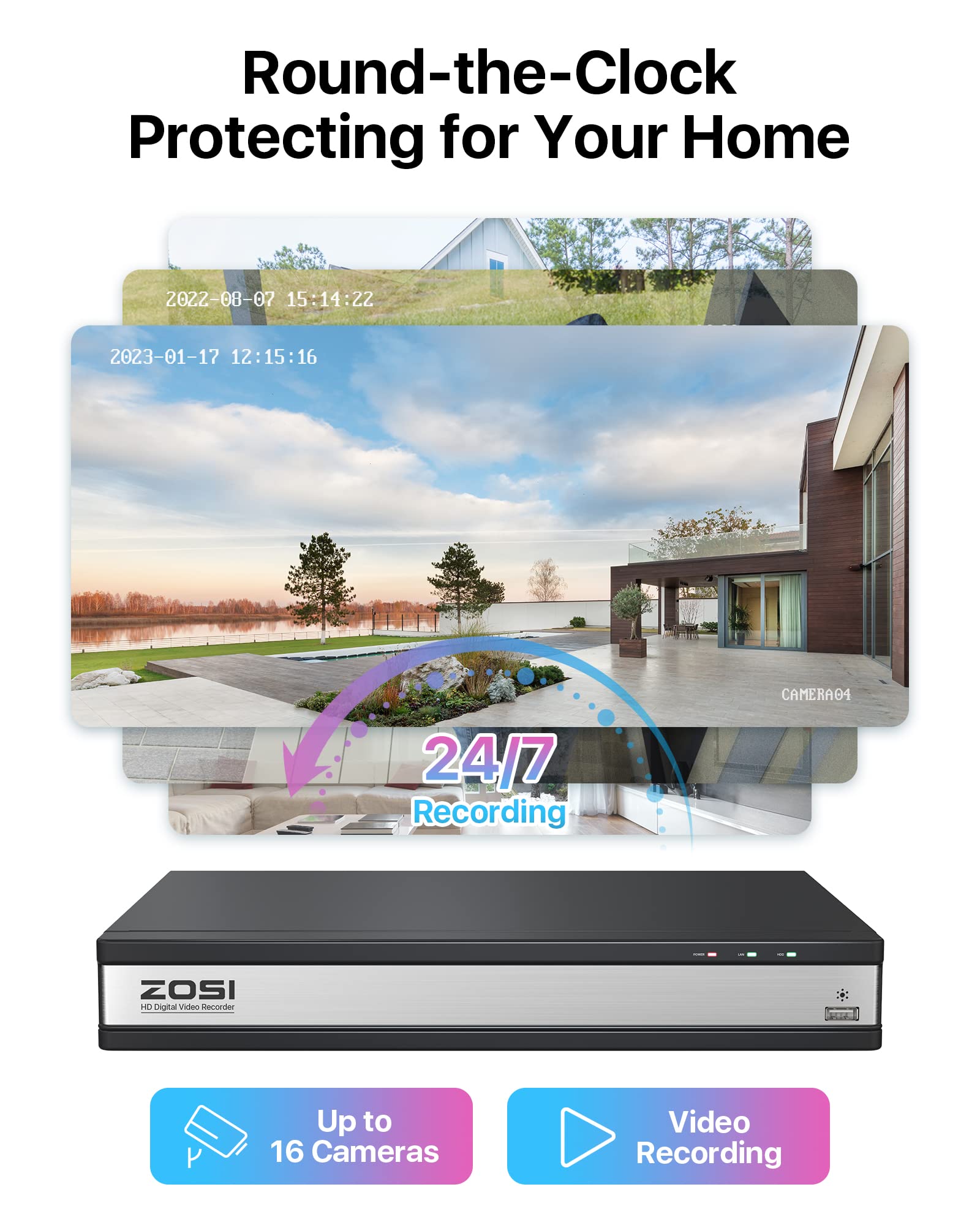 ZOSI H.265+ 16CH Security Camera System with AI Human Vehicle Detection, 16CH DVR with 4TB HDD for 7/24 record, 16 x 1080p CCTV Camera Outdoor Indoor with 80ft Night Vision°Wide Angle, 90°Wide Angle