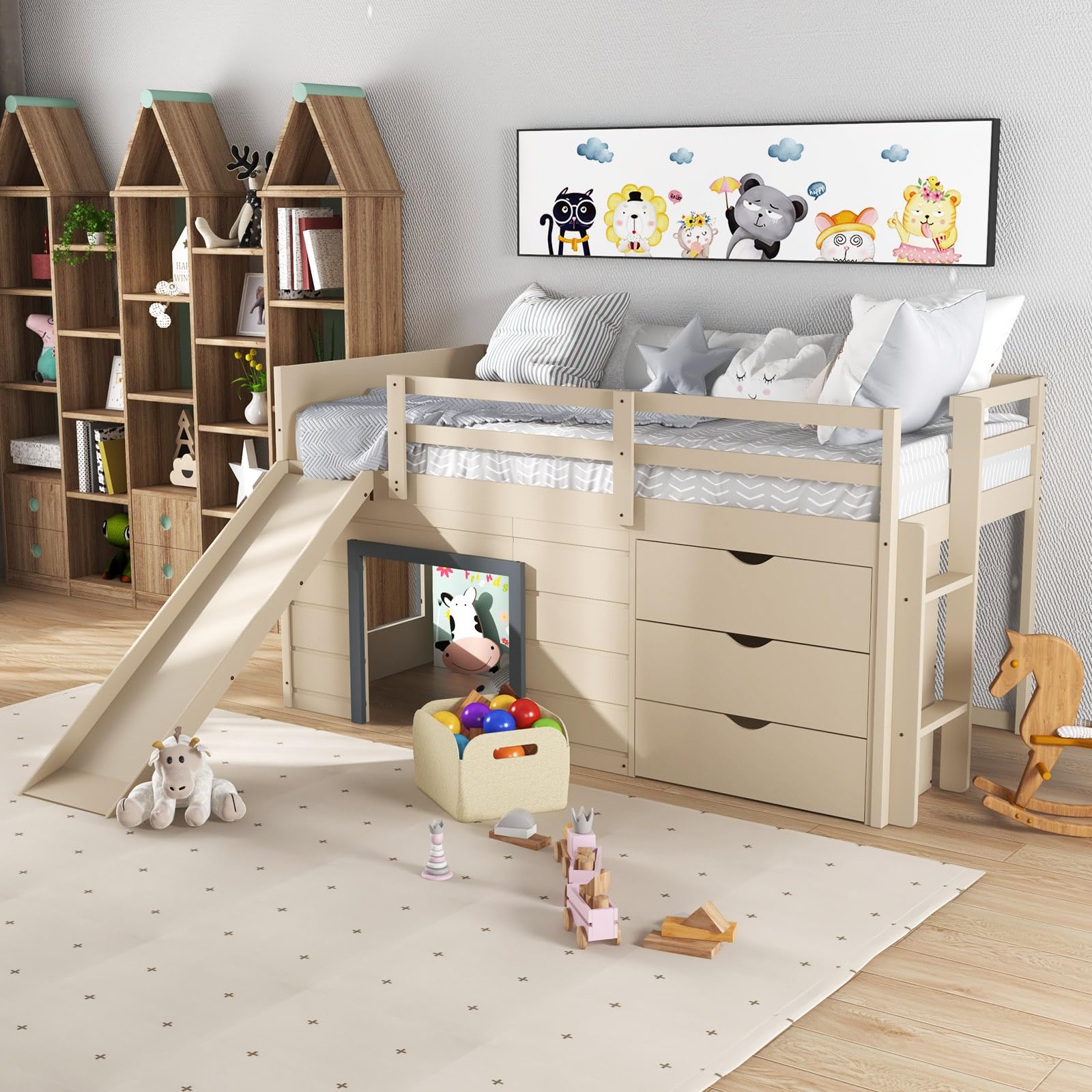 Costzon Twin Low Loft Bed, Multifunctional Loft Bed with Slide, Ladder, 3 Drawers & Under-Bed Play Space, No Box Spring Needed, Wooden Loft Platform Bed Frame with Guardrails for Teens (Beige)