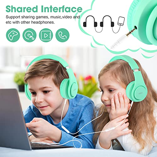 Kids Wired Headphones with Microphone, 85/94dB Volume Limiter, Shareport, Foldable Adjustable Stereo Tangle-Free 3.5MM Wire Cord Over-Ear Headphone for Smartphones/PC/Tablet/School/Trip(Green)