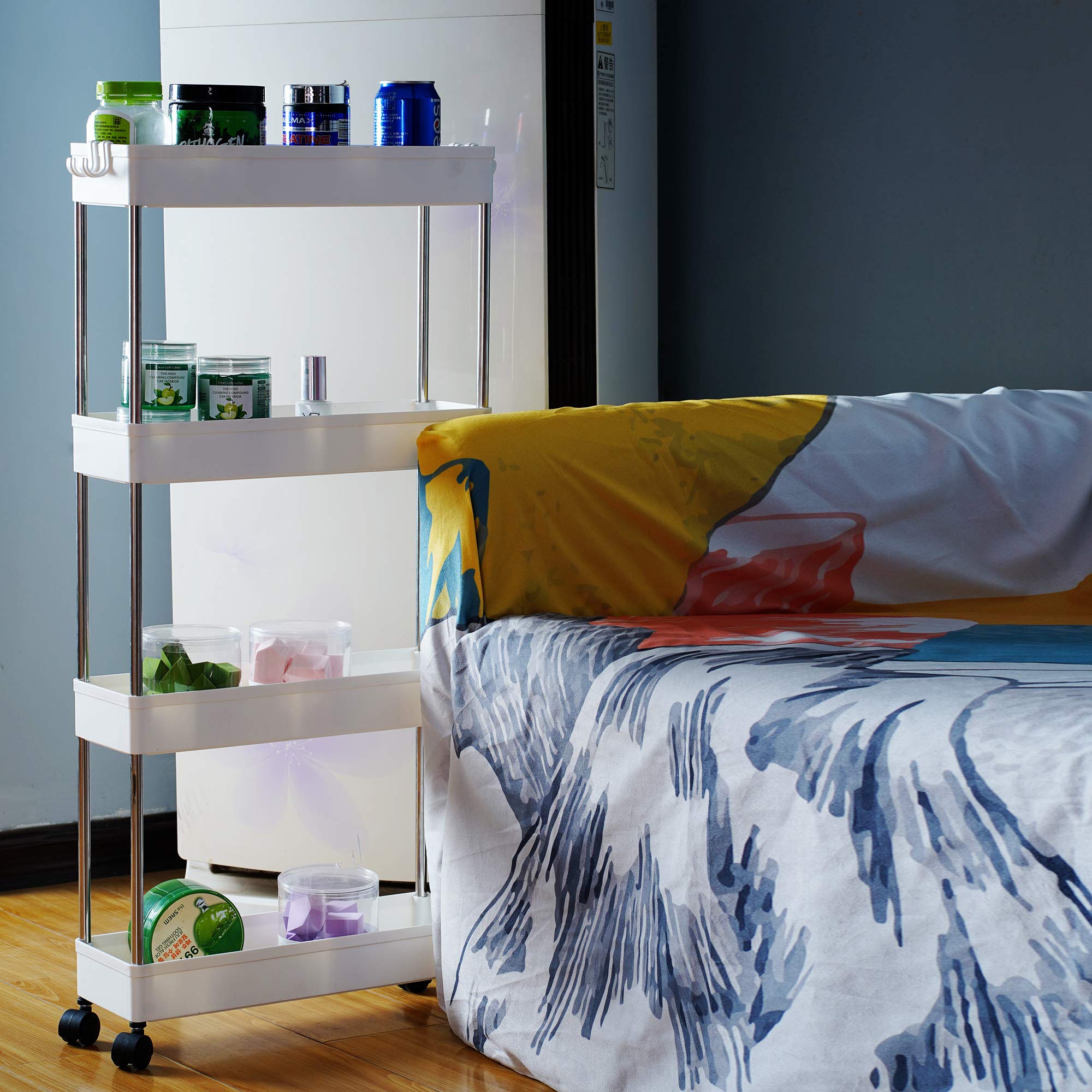4 Tier Slim Storage Cart, Mobile Narrow Rolling Cart with Wheels, Conveniently Slide Out Organizer Shelf Cart for Kitchen Bathroom Pantry Laundry Narrow Space - Plastic (White)…