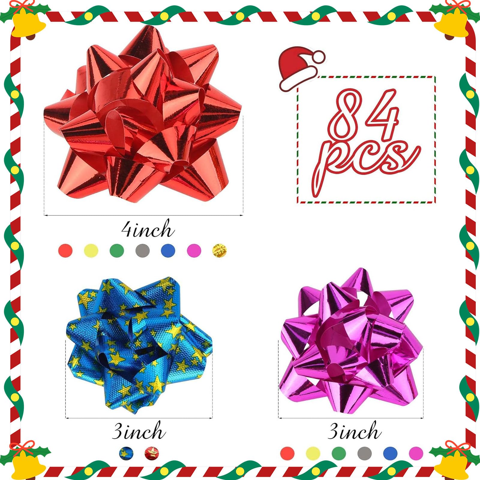 Shindel Christmas Gift Bow, 84PCS Holiday Bow Set Christmas Print Bows for Christmas decoration, Gift Basket, 3-4 inches