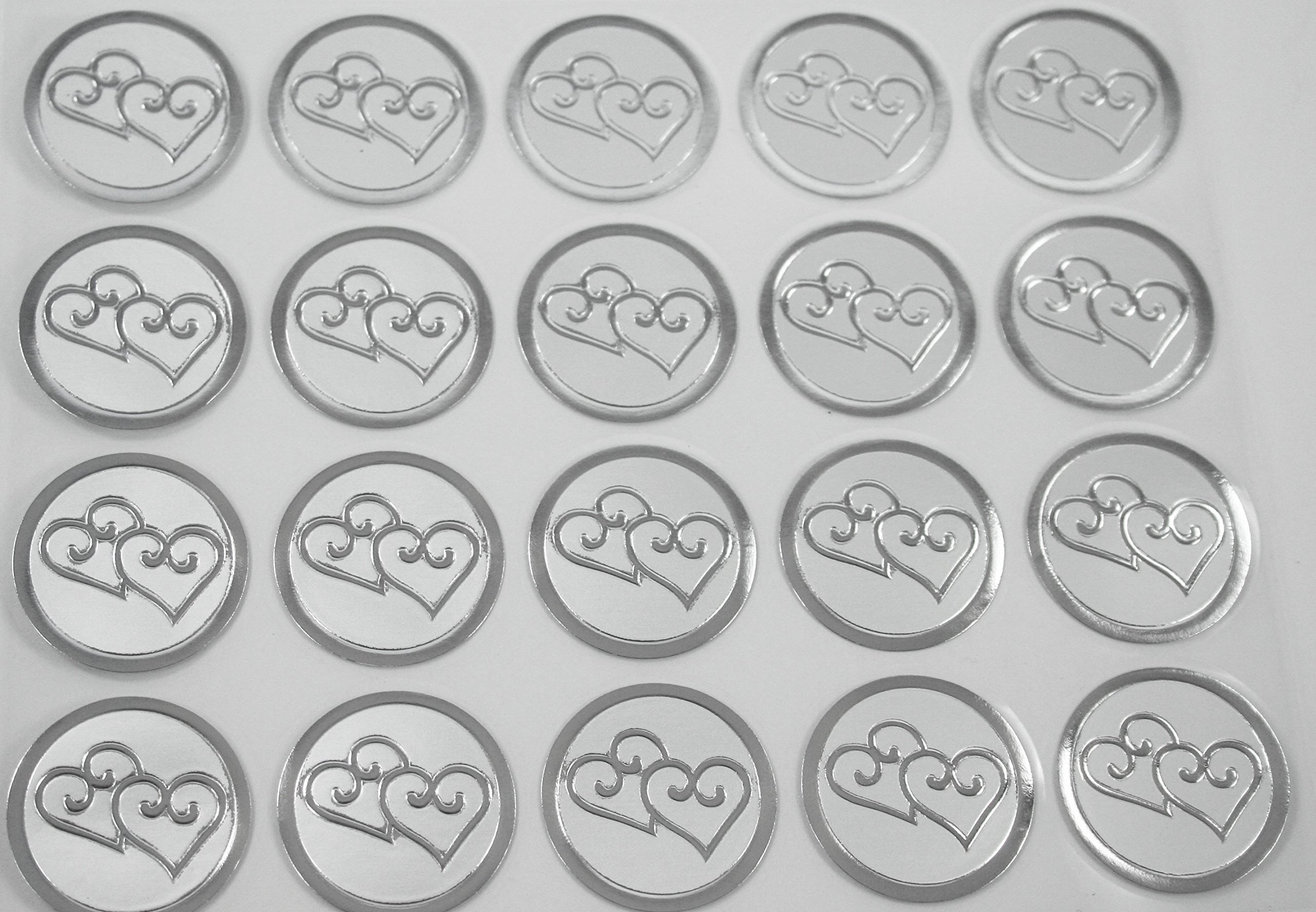 Dreampartycreation 100 Double Hearts Print Wedding Round Envelope Seal Stickers 1 inch Diameter (Silver)
