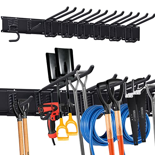 Garage Tool Storage Rack, 48 Inch Adjustable Garage Organizer Wall Mounted 11 PCS Garage Storage with 8 Hooks, Super Heavy Duty Garden Tool Hanger for Shovels, Rake Shovel Yard Tools，Hold Up to 450lbs