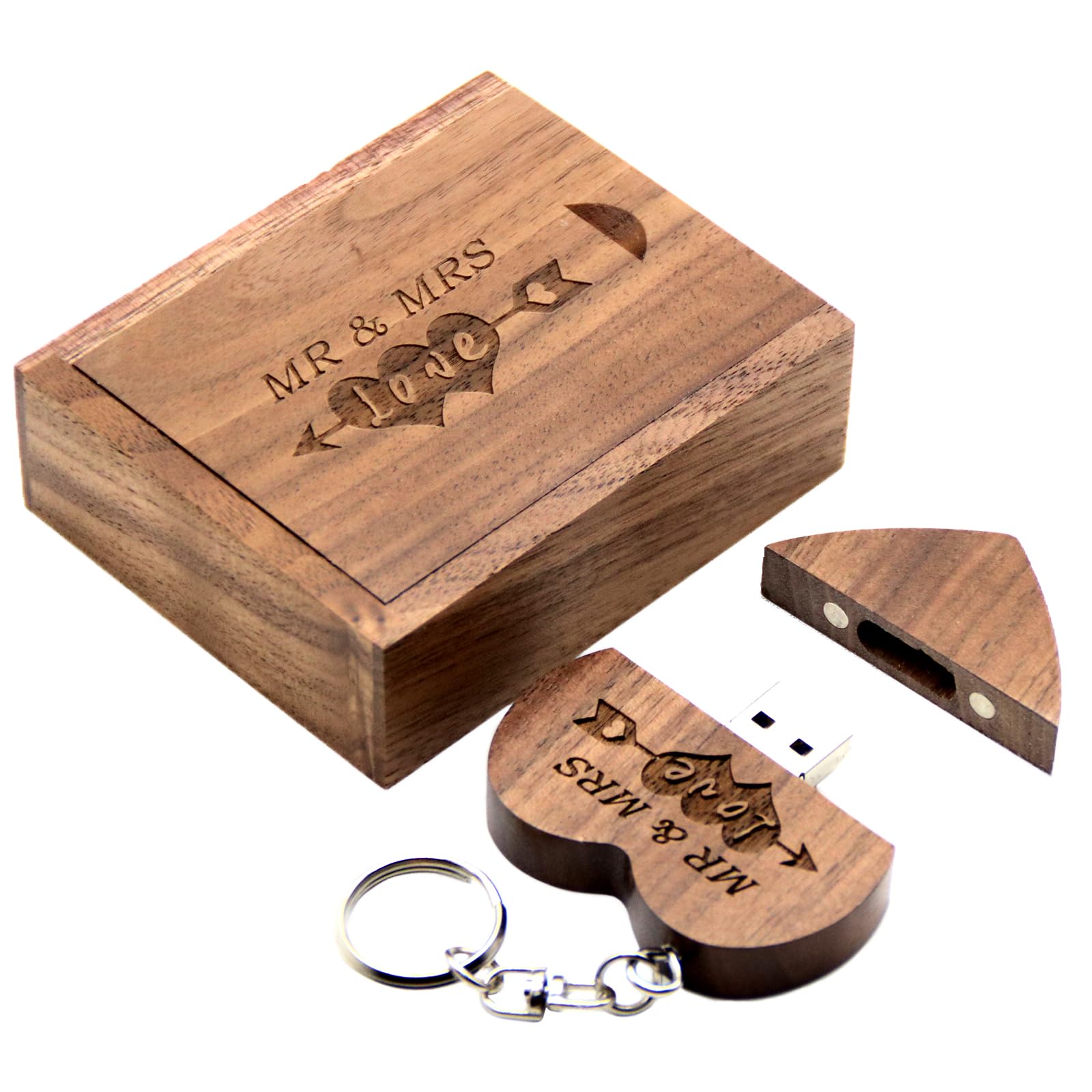 LXSINO 32GB Wood USB 3.0 Flash Drive with Laser Engraved Mr & Mrs Design - 32GB Wooden Heart Shape USB Memory Stick Thumb Drivers with Box for Wedding/Couple/Parents (Walnut 32GB)