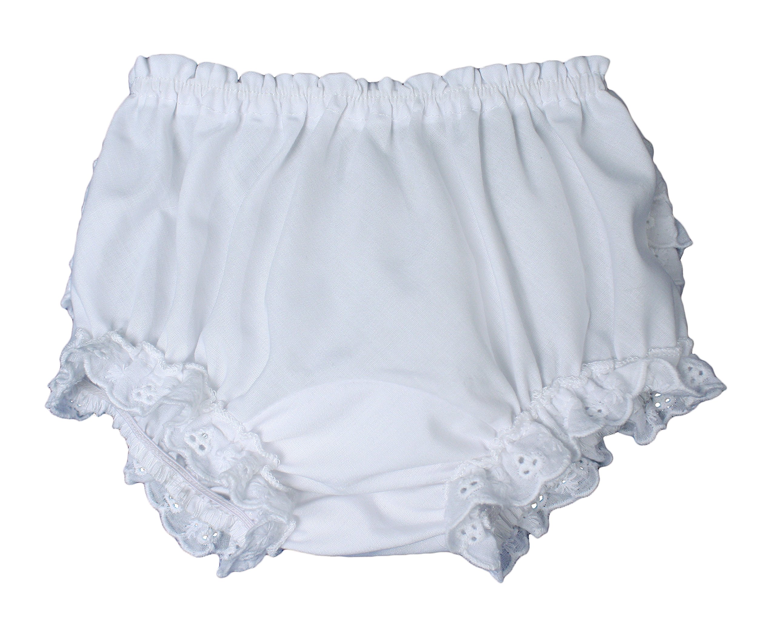 Little Things Mean A Lot Baby Girls White Elastic Bloomer Diaper Cover with Embroidered Eyelet Edging - NB