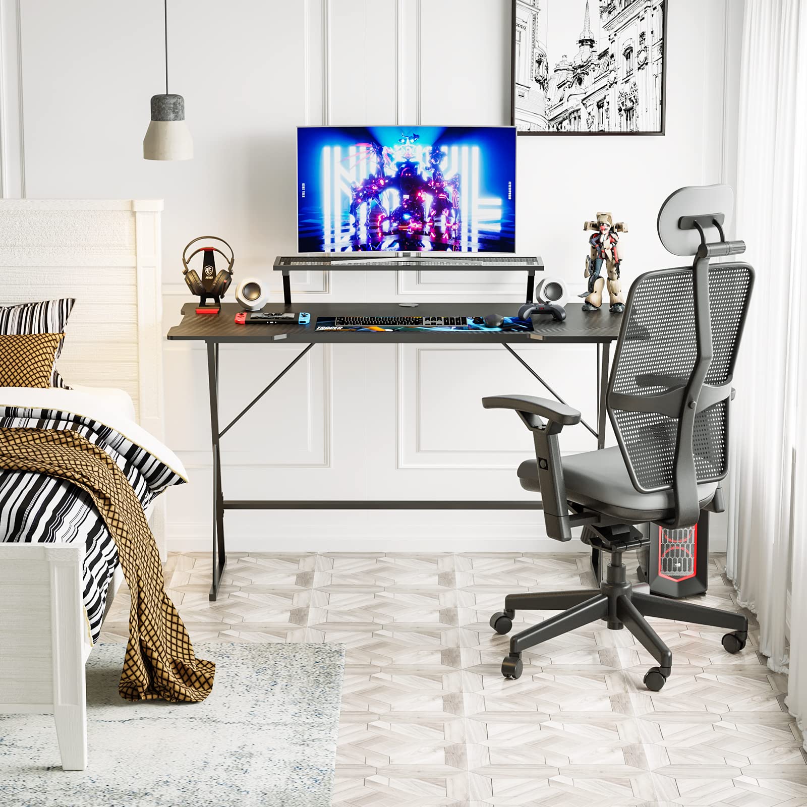 Bizzoelife Gaming Desk Home Office Table: 47Inch Z Shaped Home Office PC Computer Table, Gamer Workstation with Monitor Stand, Racing Style Game Tables with Cable Management Holes