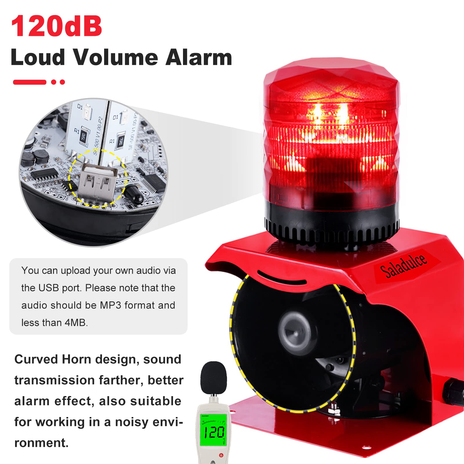 Saladulce Industrial Sound and Light Alarm Emergency Warning Light Outdoor Alarm Horn Siren Safety Voice Strobe Flash 120dB Waterproof (AC 110V-220V)