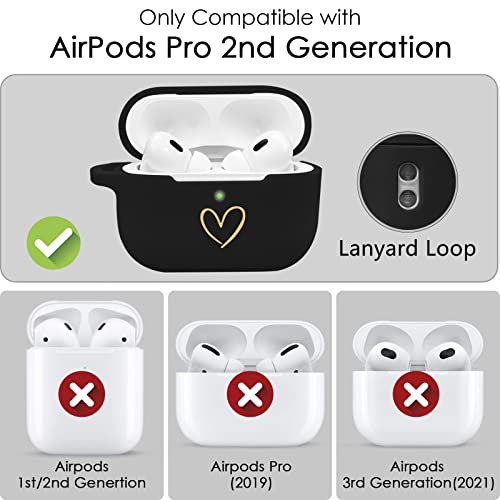 AIIEKZ Compatible with AirPods Pro 2 Case Cover 2022, Soft Silicone Case with Gold Heart Pattern for AirPods Pro 2nd Generation Case with Keychain/Lanyard (Black)